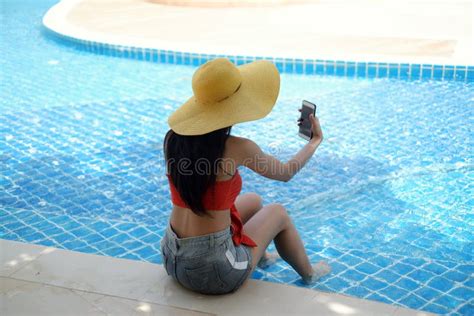 Portrait Asia Mini Woman At Swimming Pool Fashion In Summer Season