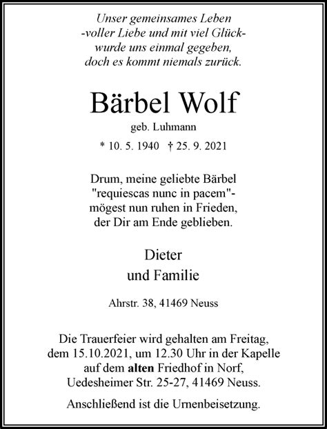 Alle Traueranzeigen für Bärbel Wolf trauer rp online de