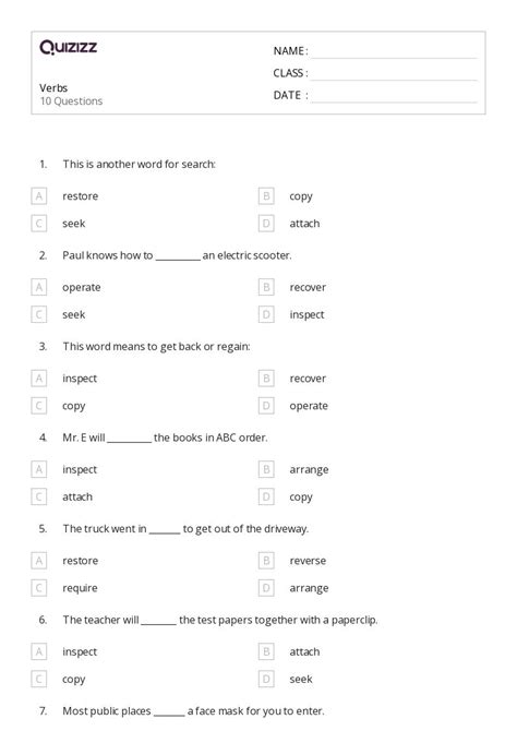 Verbs Worksheets For Th Class On Quizizz Free Printable