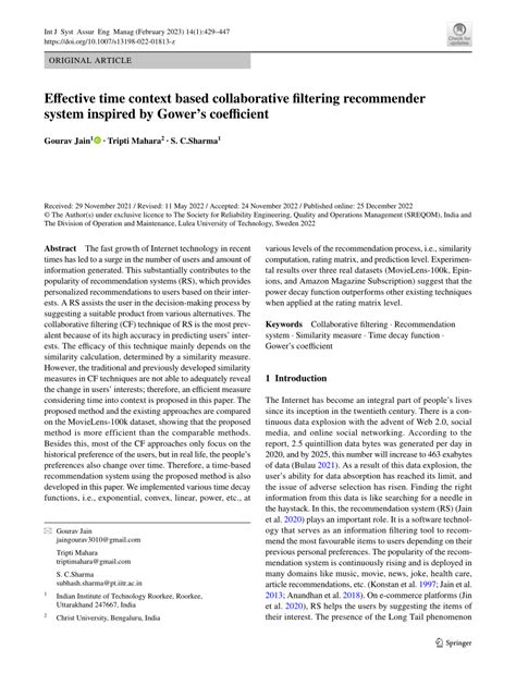 pdf effective time context based collaborative filtering recommender system inspired by gower