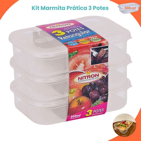 Kit Marmitas Fitness Retangular Empilhavel Plastico Resistente