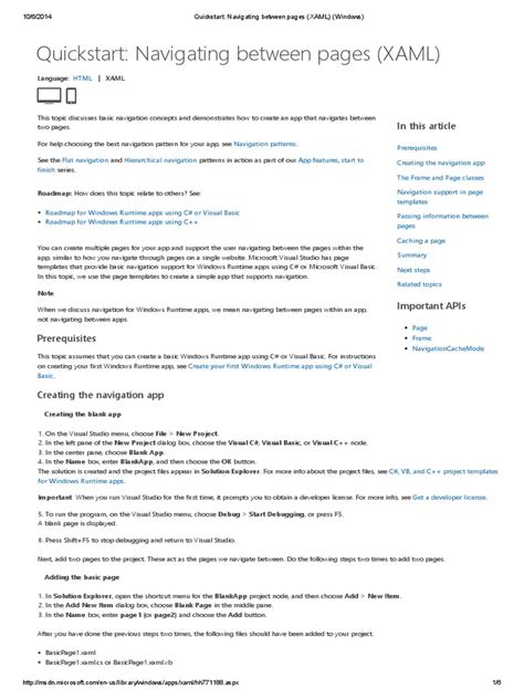 navigating between pages xaml windows extensible application markup language microsoft