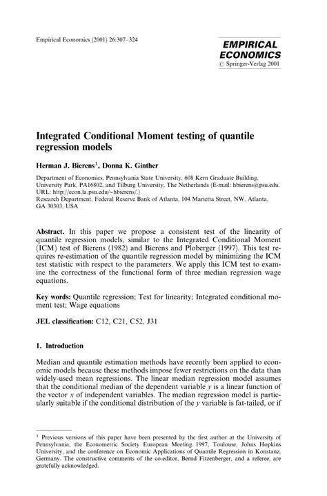 pdf integrated conditional moment testing of quantile regression models