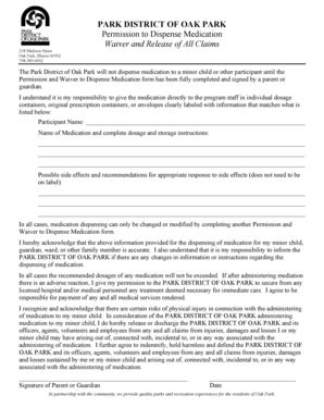 Fillable Online Pdop Medication Dispensal Form The Park District Of