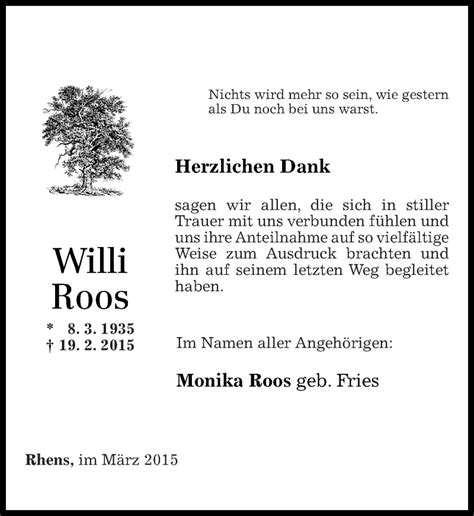 Traueranzeigen Von Willi Roos Rz Trauer De