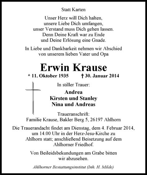Traueranzeigen Von Erwin Krause Nordwest Trauer De