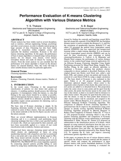 performance evaluation of k means clustering algorithm with various distance metrics pdf