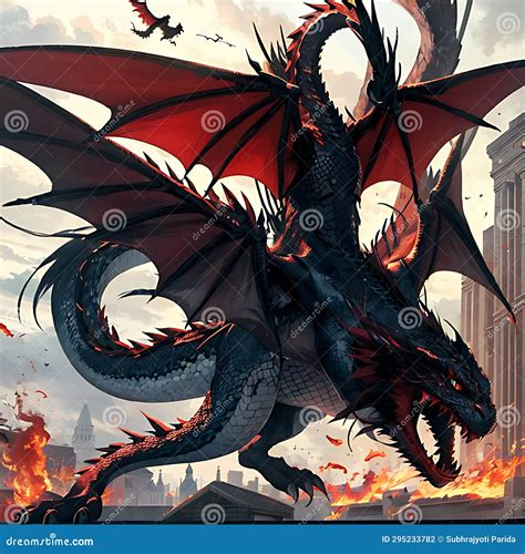 AI Generated Illustration Of A Dragon Flying And Breathing Fire Stock