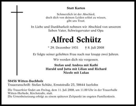 Traueranzeigen von Alfred Schütz Trauer in NRW de