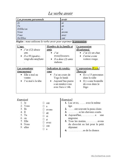 verbe avoir Français FLE fiches pedagogiques pdf doc