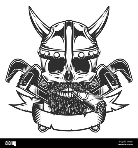 Viking Skull In Horned Helmet With Mustache And Beard With Construction