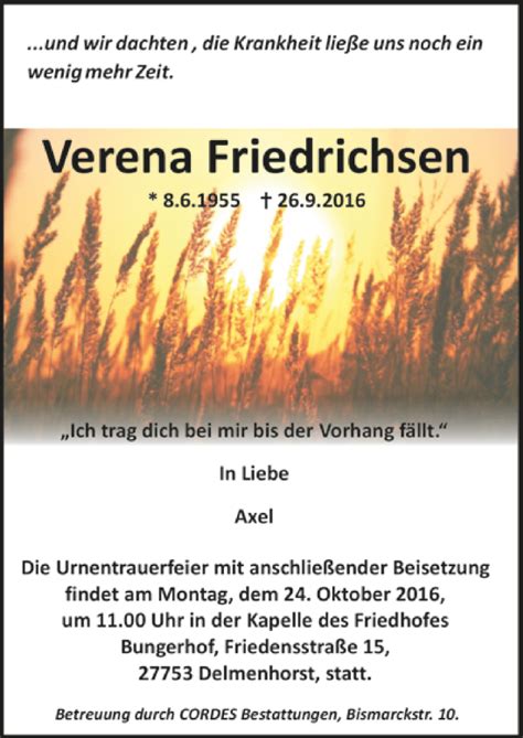 Traueranzeigen Von Verena Friedrichsen Trauer De