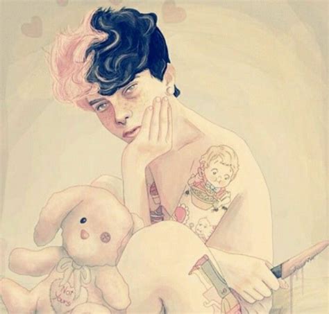 A Drawing Of A Woman With Tattoos Holding A Teddy Bear And Looking At