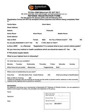 Fillable Online Referee Registration Form Basketball ACT Fax Email