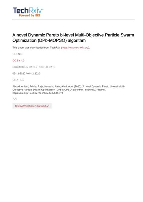 pdf a novel dynamic pareto bi level multi objective particle swarm optimization dpb mopso