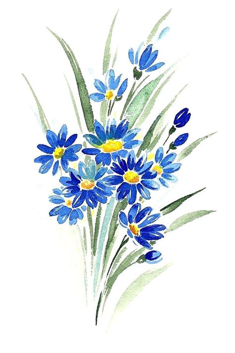 Watercolor Painting Of Blue Flowers With Green Stems And Yellow Centers