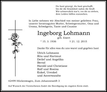 Alle Traueranzeigen für Ingeborg Lohmann trauer rp online de