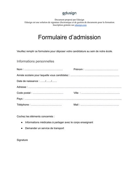 Formulaire d admission Modèle gratuit en format Word PDF Edusign