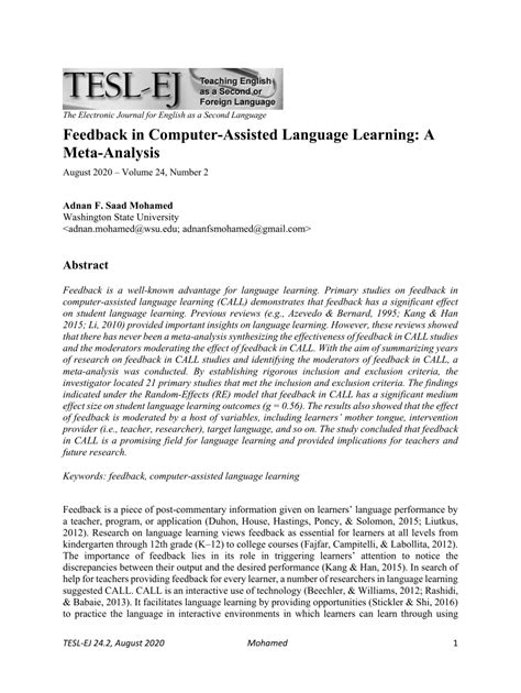 pdf feedback in computer assisted language learning a meta analysis