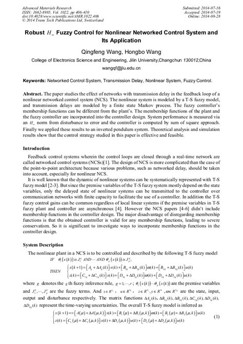 robust h∞ fuzzy control for nonlinear networked control system and its application scientific