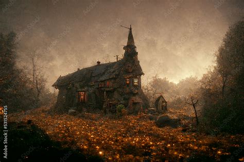Big Spooky Witch Hut In The Autumn Woods 3D Art Halloween Horror