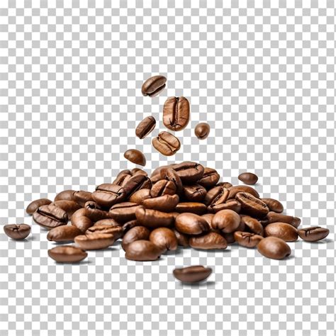 Fallende kaffeebohnen isoliert auf weißem oder transparentem