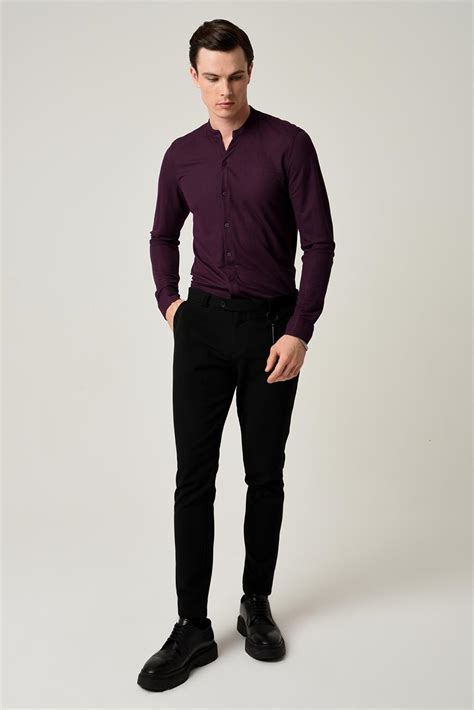 Antioch Mürdüm Erkek Hakim Yaka Uzun Kollu Slim Fit Gömlek