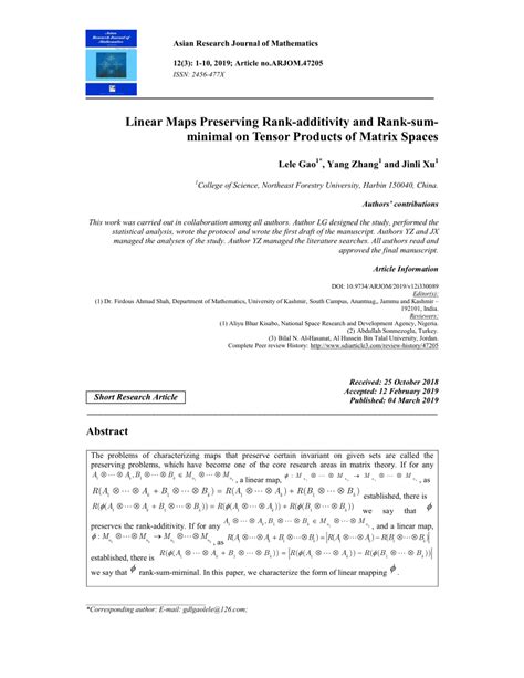 pdf linear maps preserving rank additivity and rank sum minimal on tensor products of matrix