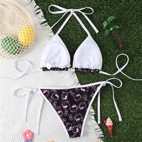 Sanrio Cute Cartoon Kawaii Hello Kitty Bikini Set Y2k Anime Summer Beach Soft Side Strappy