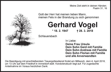 Traueranzeigen Von Gerhard Vogel Trauer Flz De