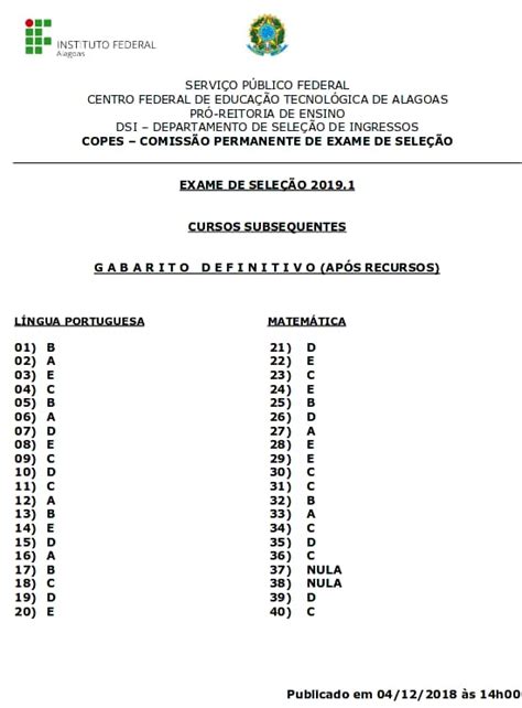 Ensino profissionalizante IFAL Exame de Seleção 2019 1 Gabaritos