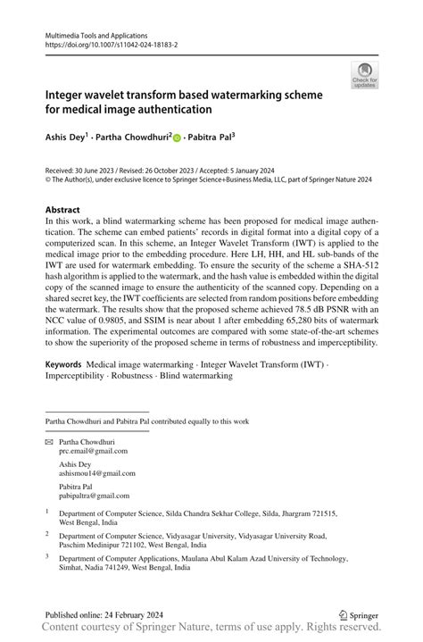 integer wavelet transform based watermarking scheme for medical image authentication request pdf