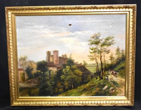 TABLEAU ANCIEN HUILE sur toile paysage animé école Italienne époque