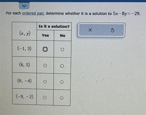 for each ordered pair determine whether it is a solution to 5x 8y 29 x y 1 3 6 5 0