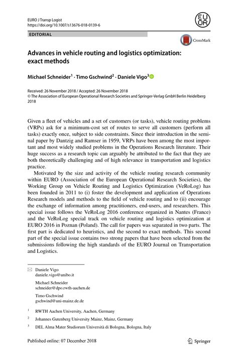 pdf advances in vehicle routing and logistics optimization exact methods