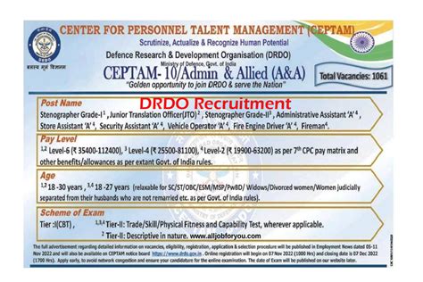 DRDO CEPTAM 10 A A Recruitment 2022 1061 Various Posts Apply Online