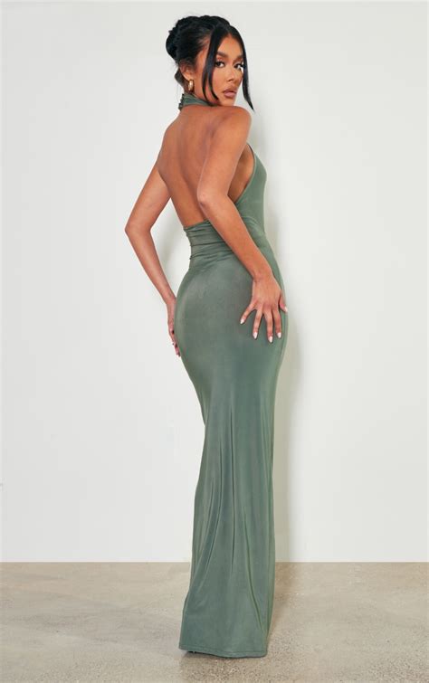 Robe longue moulante kaki froncée à col montant et découpes