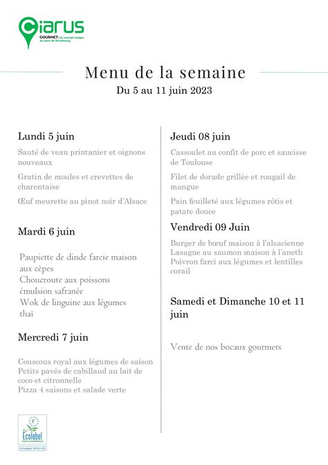 Le Menu De La Semaine Au Restaurant Du Ciarus