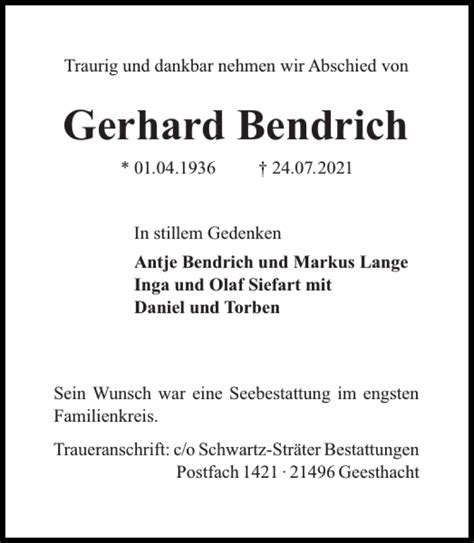 Traueranzeigen Von Gerhard Bendrich Sh Z Trauer