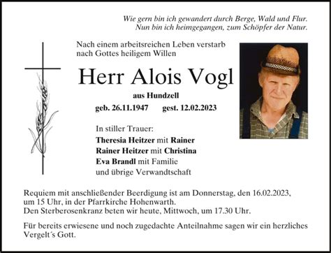 Traueranzeigen Von Alois Vogl Mittelbayerische Trauer