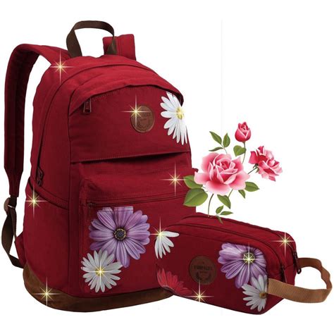 Kit Conjunto Mochila Escolar Feminina Juvenil Floral Costas Lona Grande