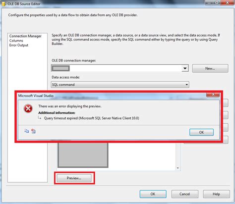 Query Timeout Expired When Trying To Display A Preview In A OLE DB
