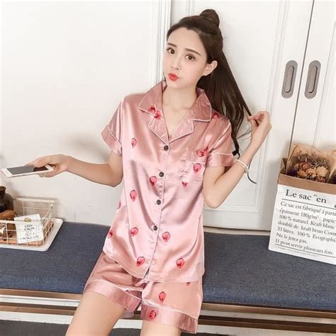 Pyjama en soie femme été Pyjama en Satin à manches courtes pour femmes
