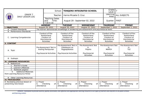 Filipino Daily Lesson Log Dll For Grade St Th Quarter Deped