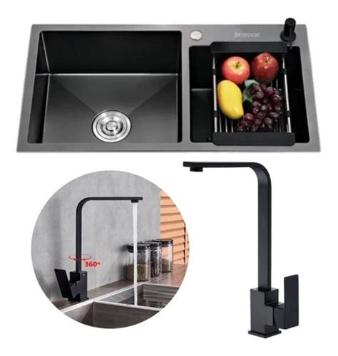 Cuba Pia Gourmet Dupla Preta Cozinha Aço Inox Torneira Brinovar