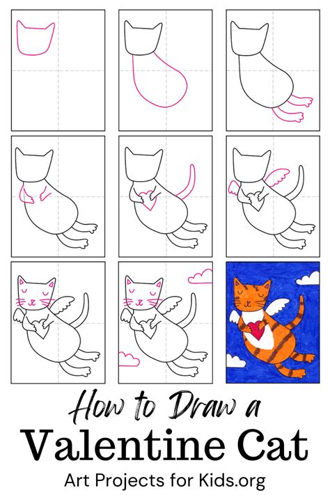 Easy How To Draw A Valentine Cat Tutorial And Valentine Cat Coloring