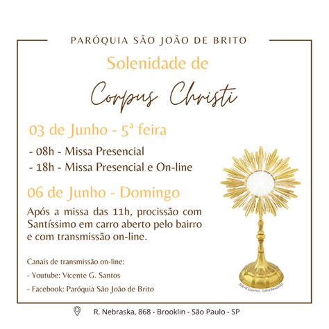 Solenidade De Corpus Christi Missas Feira E Prociss O Domingo