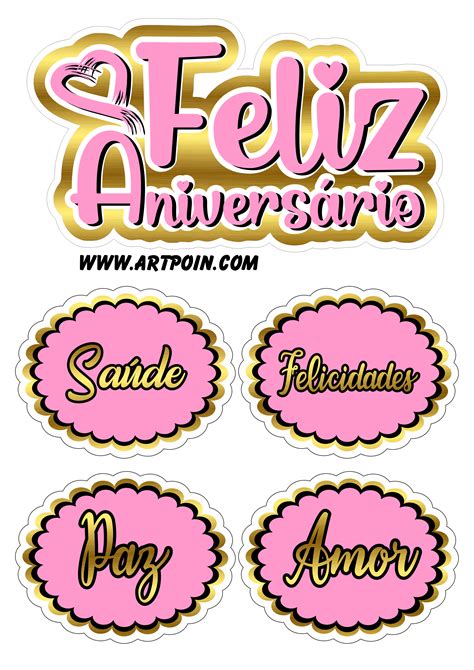 Topo de bolo dourado rosa corações feliz aniversário frases saúde
