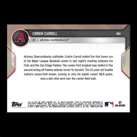 Corbin Carroll 球員卡 2022 MLB TOPPS NOW Card 860 台裔小將首轟紀念卡 Yahoo奇摩拍賣