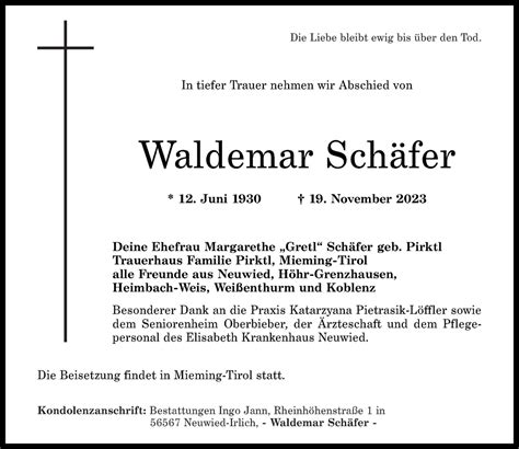 Traueranzeigen von Waldemar Schäfer rz trauer de